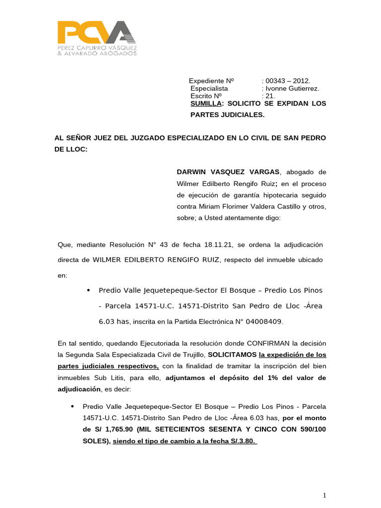 Solicito Expidan Los Partes 343-2012 1 Predio | PDF