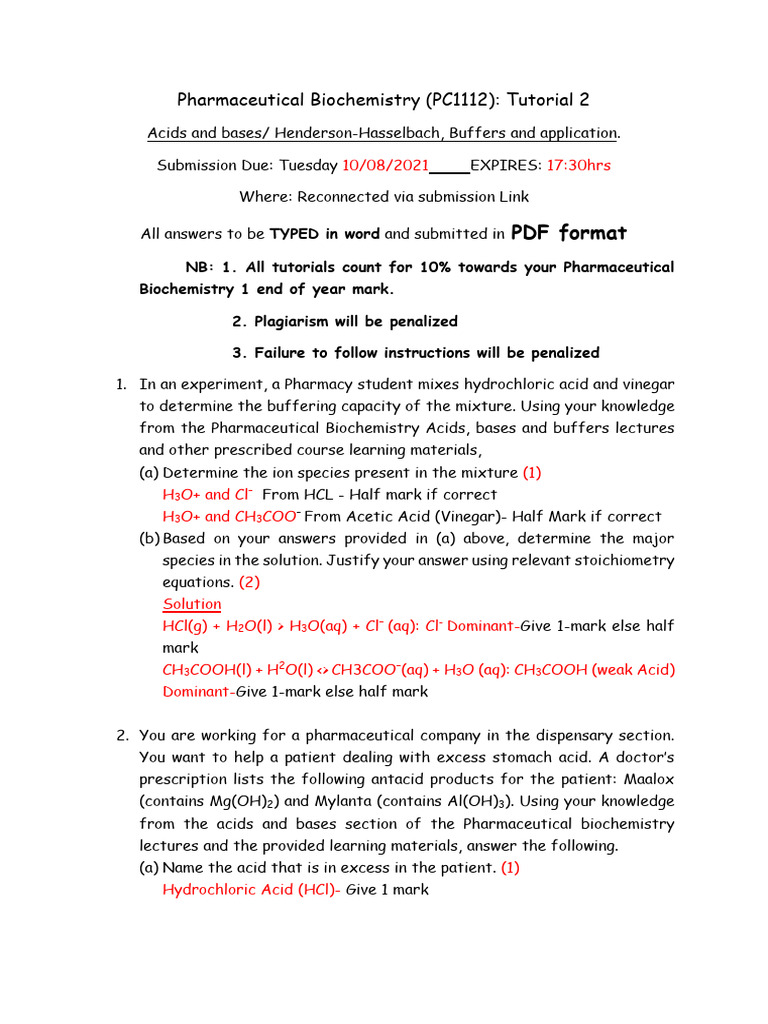 Pharmaceutical Biochemistry Tutorial 2 Memo | PDF | Acid Dissociation ...