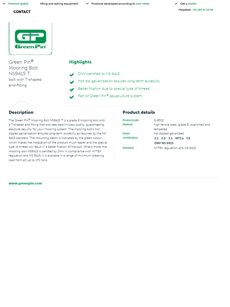 Green Pin® Mooring Bolt NS9415 T - Green Pin | PDF | Screw | Industrial Processes