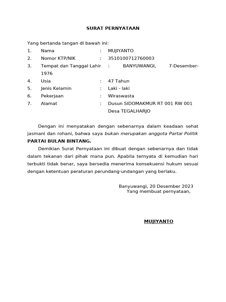 Surat Pernyataan Bukan Anggota Partai | PDF