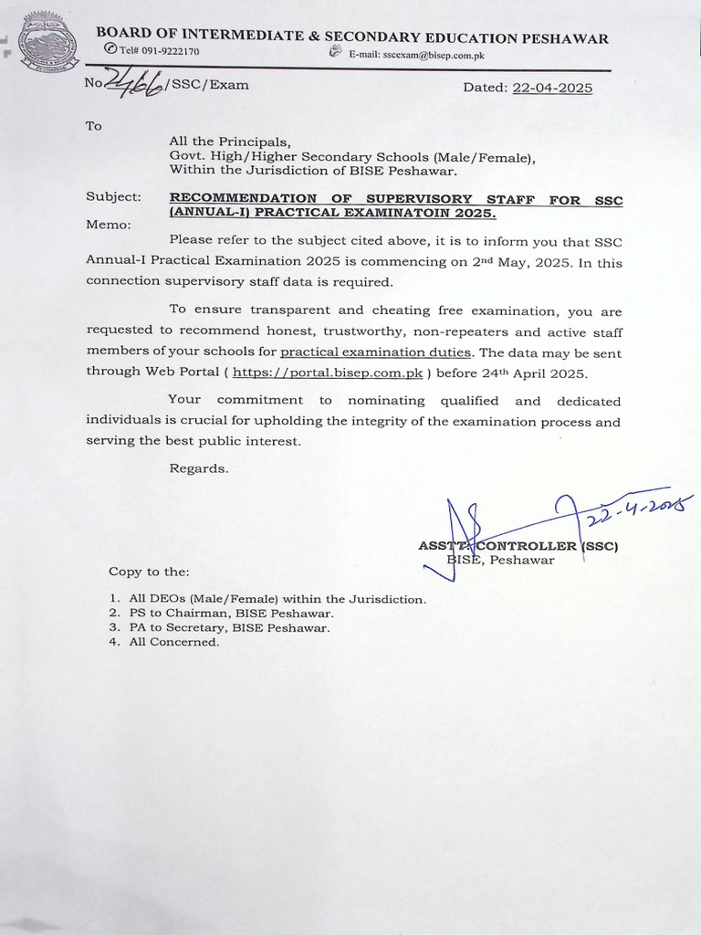 Letter - All Principals - Recommendation Practical Examination 2025 | PDF
