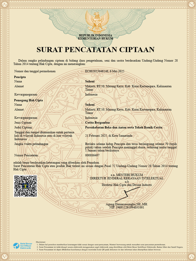 Surat Cipta Buku Persahabatan Beka Dan Antan Serta Tokoh Ikonik Cerita | PDF