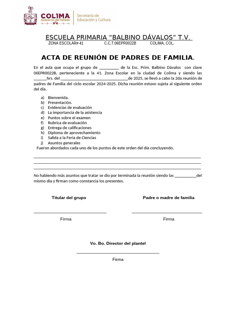 ACTA DE REUNION DE PADRES DE FAMILIA SALONES 2da Reunión | PDF