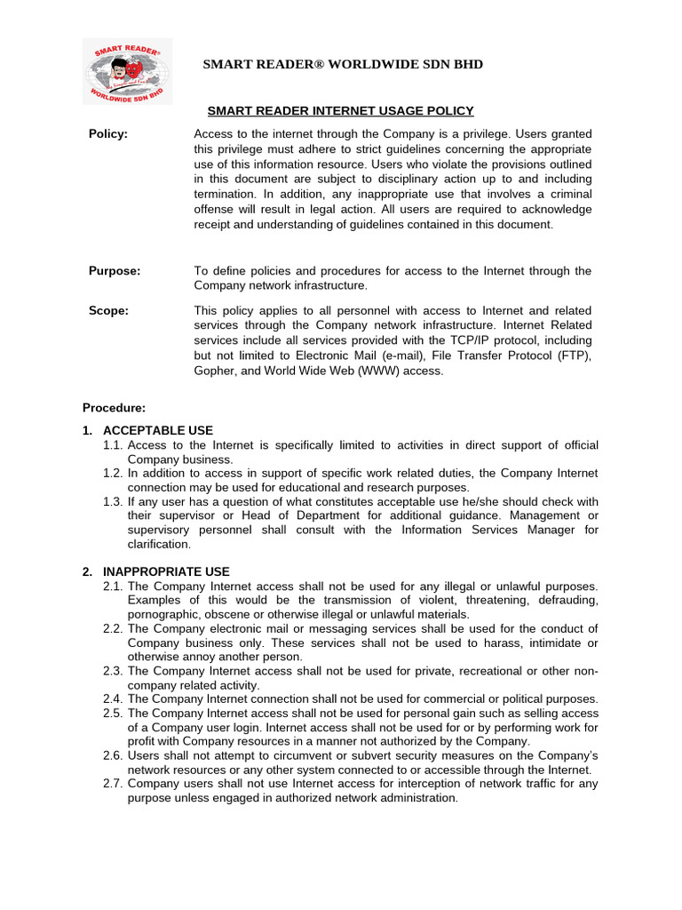 Internet Usage Policy | PDF | Internet | Computer Network