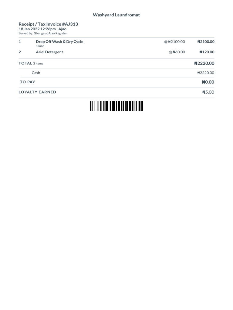 Washyard Laundromat Receipt Summary | PDF