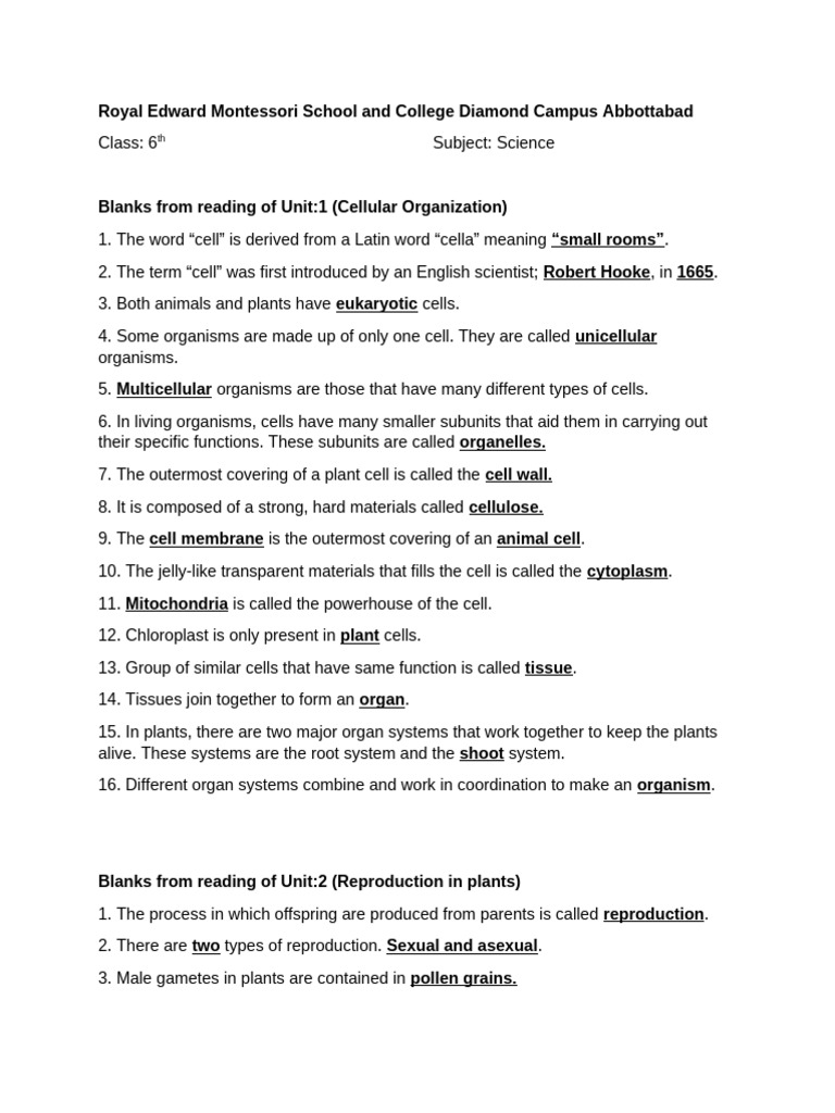 Grade 6 Science Blanks From Reading - 030933 | PDF | Cell (Biology ...