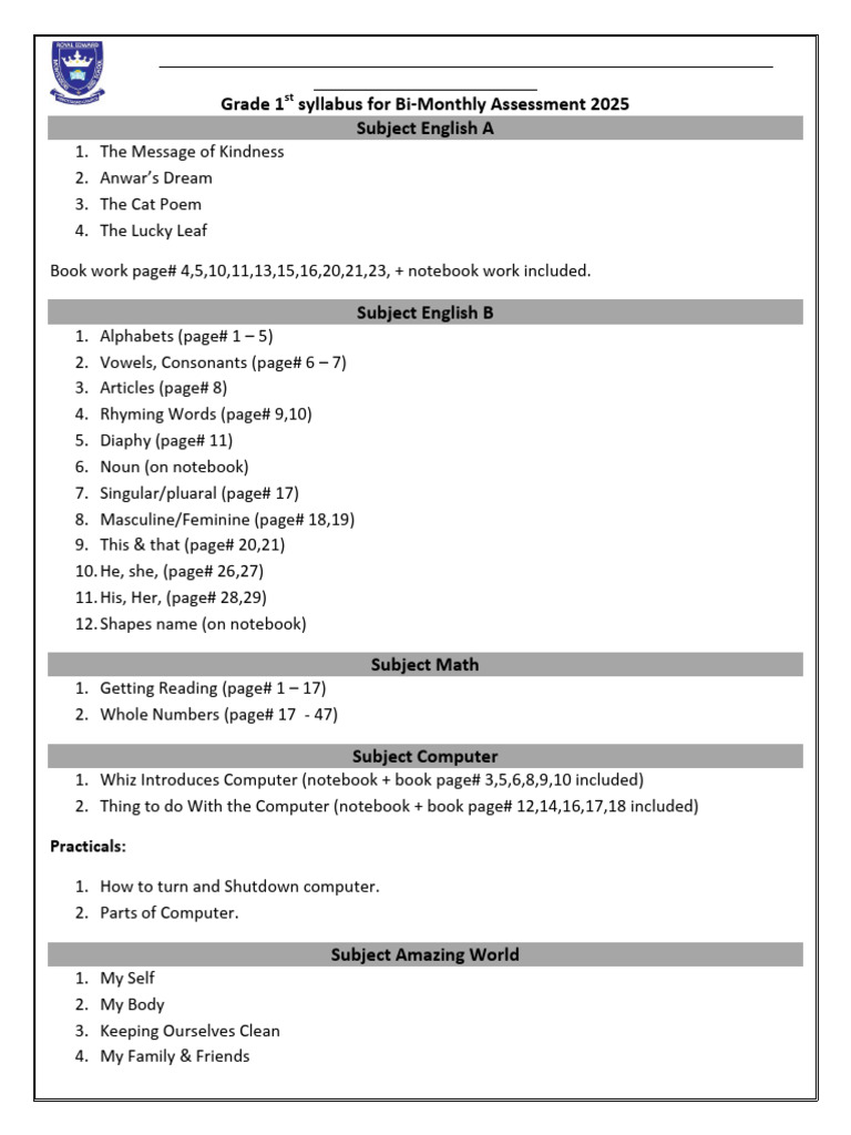 Grade 1 Bi-Monthly Assessment Syllabus | PDF