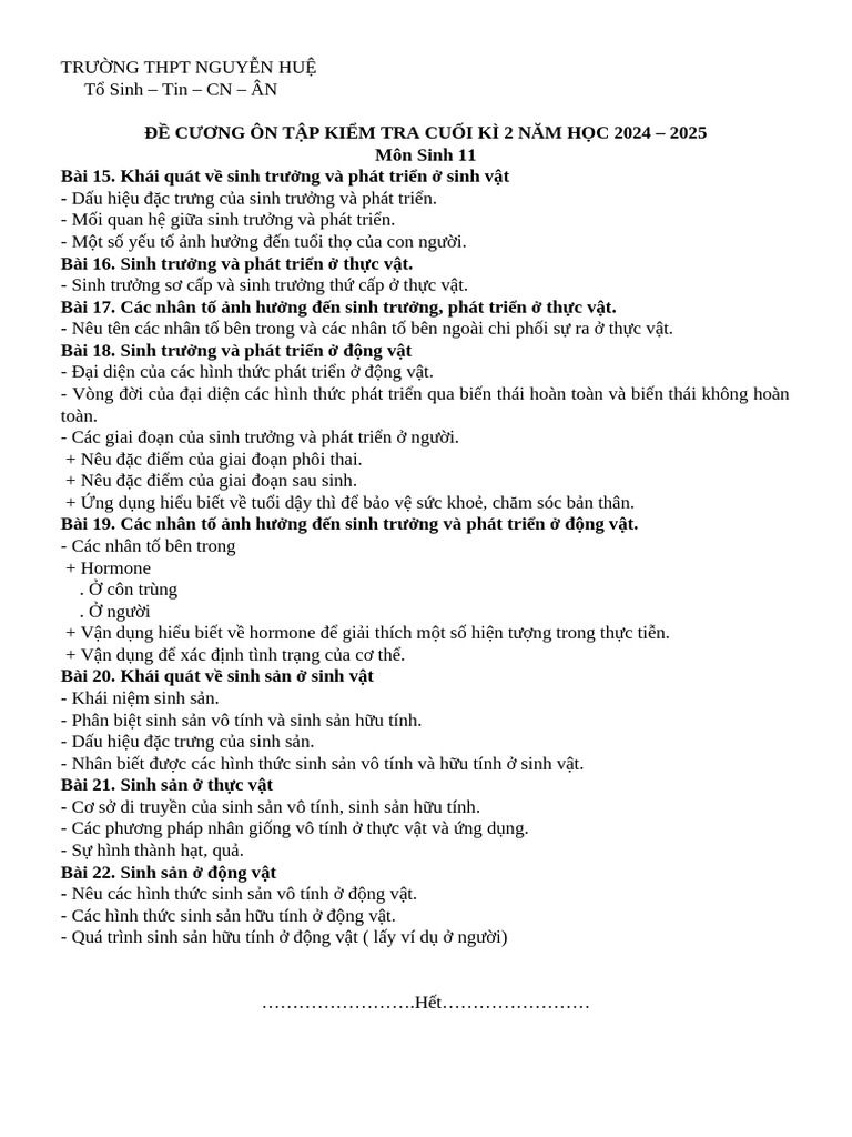 Đề cương ôn tập CK2 Sinh 11 2425 | PDF