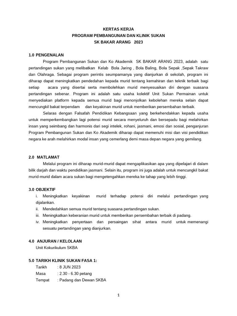 Kertas Kerja Program Pembangunan Sukan 2023 - 1 | PDF