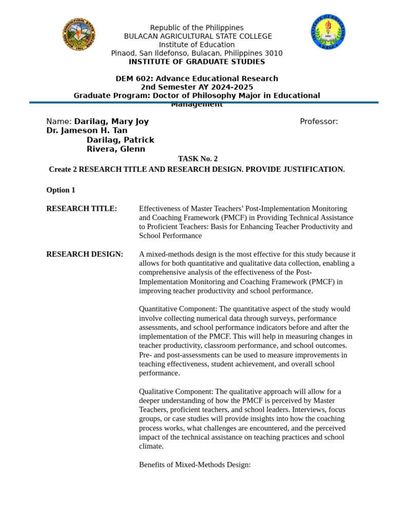 Task 2 Research Title, Design, Justification | PDF | Teachers ...