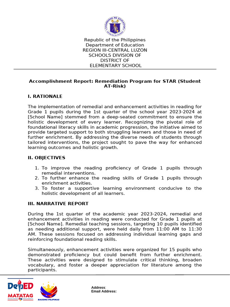 ACCOMPLISHMENT REPORT - Remedial and Enhancement Activities | PDF ...