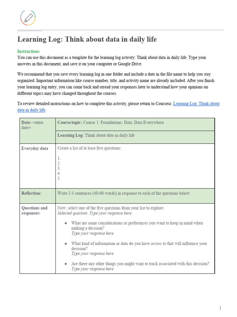 Learning Log Template - Think About Data in Daily Life | PDF