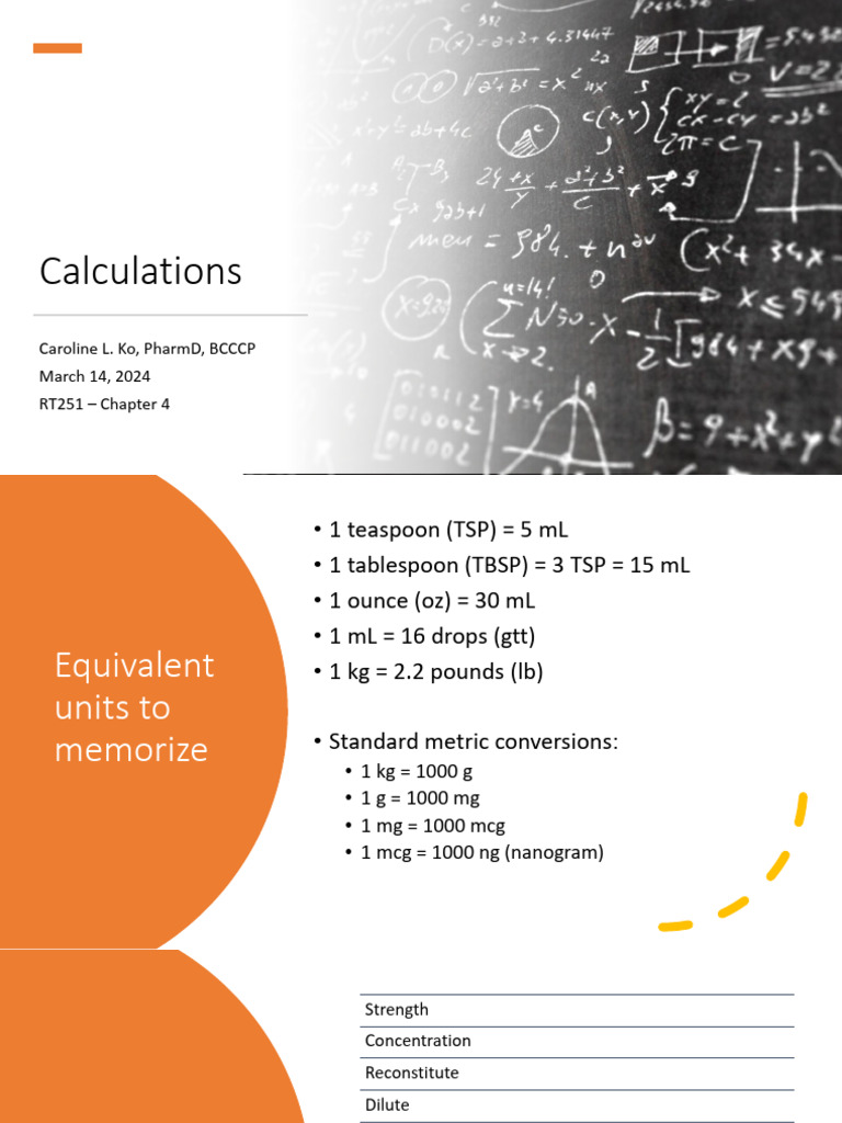 RT251 Ch4 Calculations 2025 | PDF | Mass Concentration (Chemistry) | Intravenous Therapy