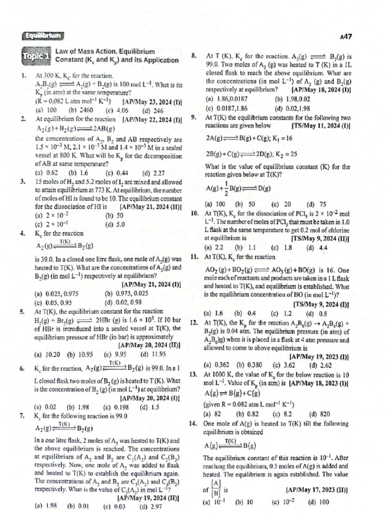 Chemical Equilibrium Pyq's | PDF
