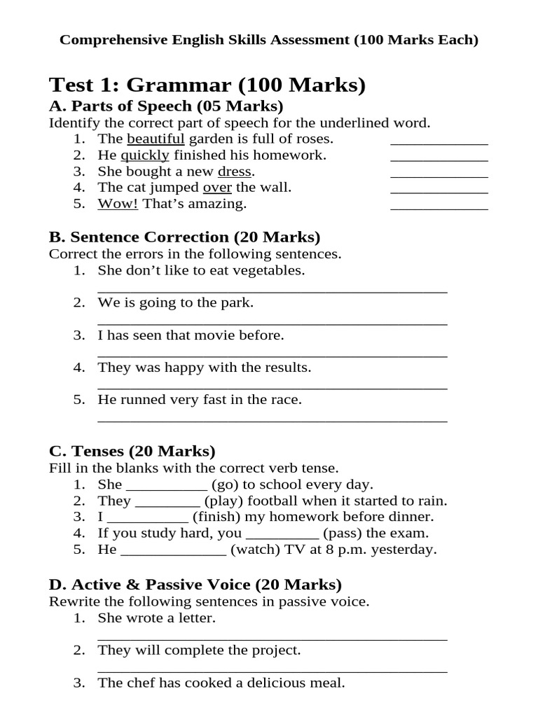 Comprehensive English Skills Assessment | PDF | Reading Comprehension ...