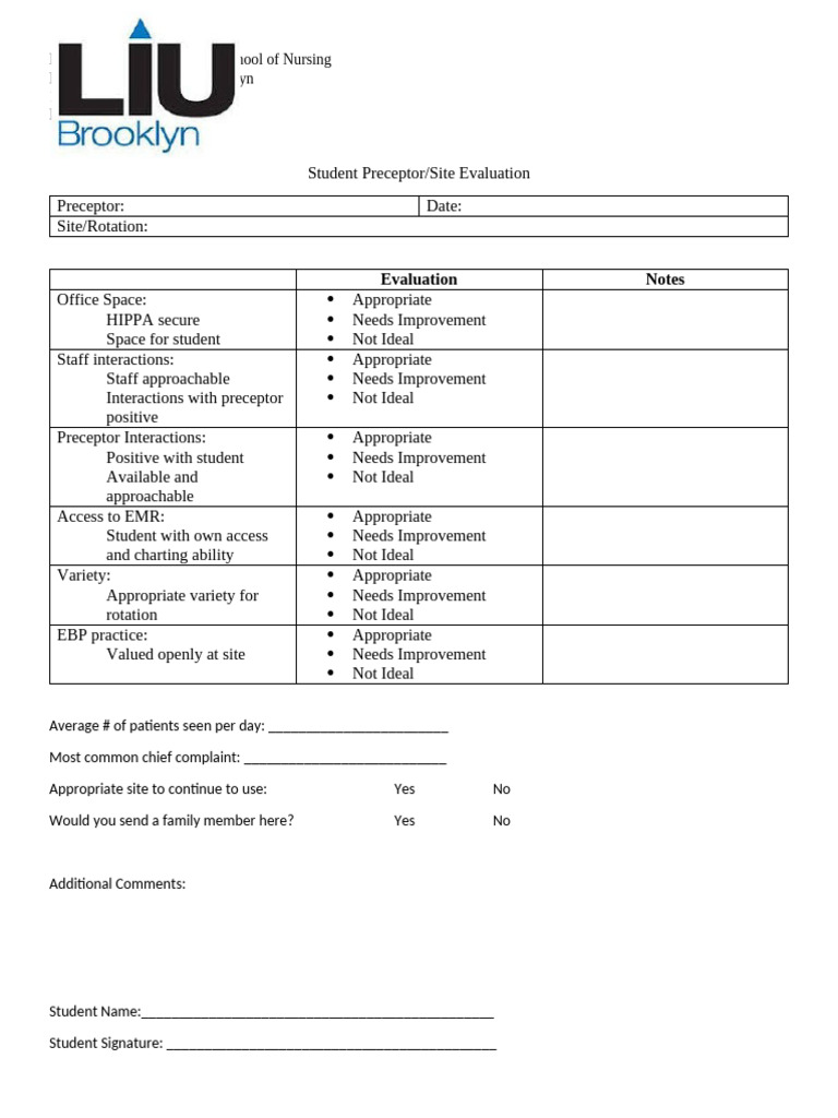 Preceptor-Site Evaluation by Student | PDF