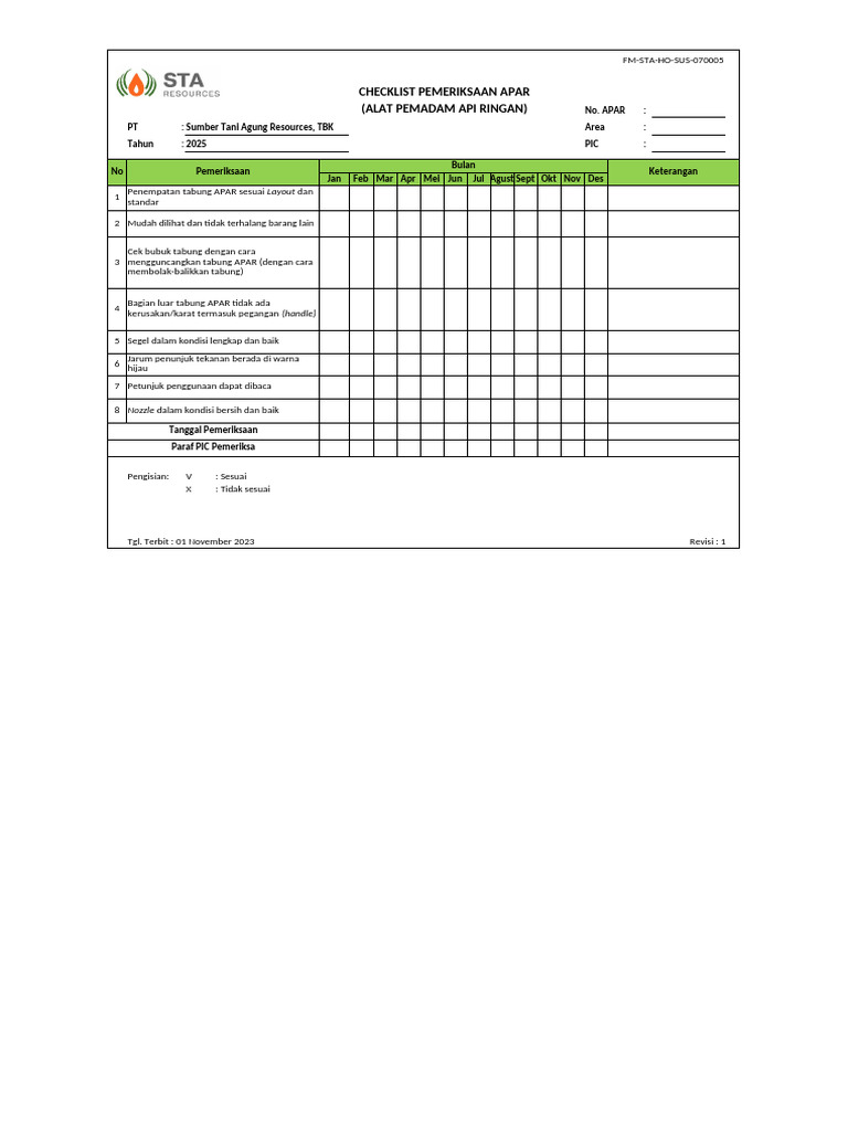 FM STA HO SUS 070005 Checklist Pemeriksaan APAR 2025 | PDF