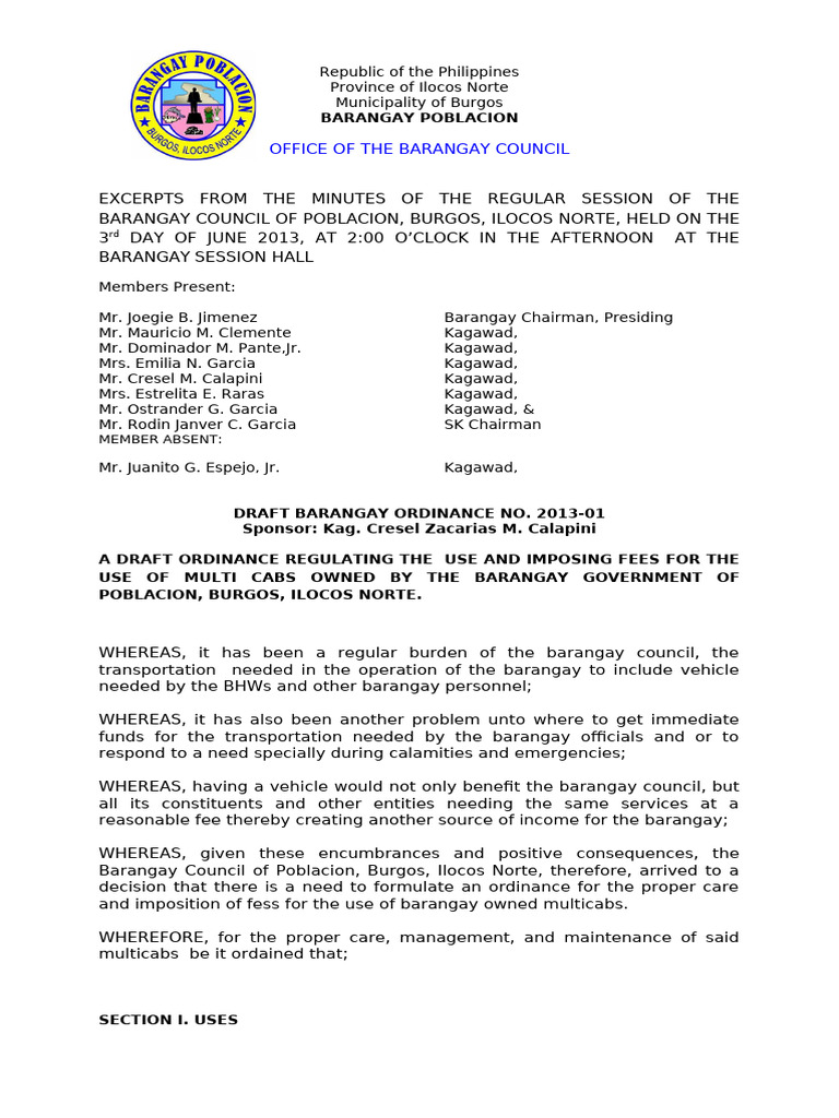 Draft Barangay Ordinance MULTI CABS | PDF | Justice | Crime & Violence