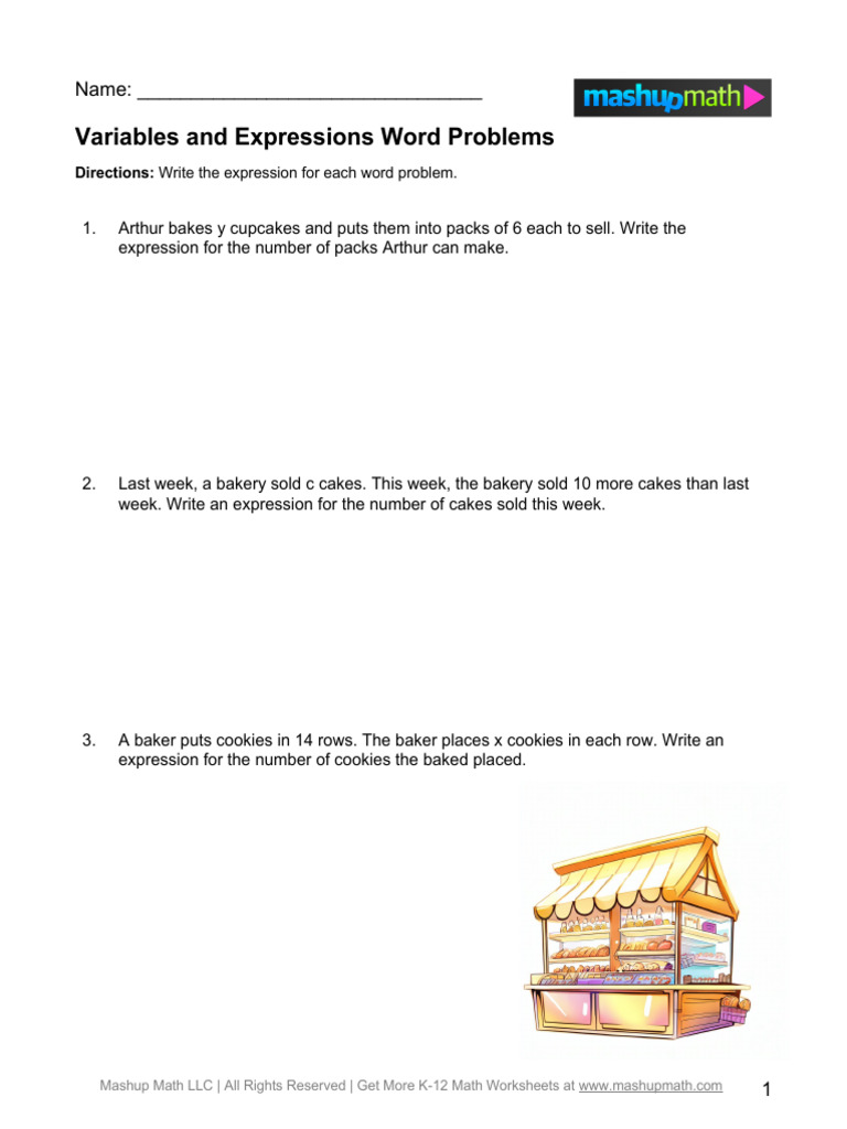 Variables and Expressions Word Problems (A) | PDF