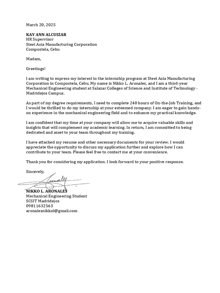 ARONALES, NIKKO - Application Letter | PDF | Engineering | Learning