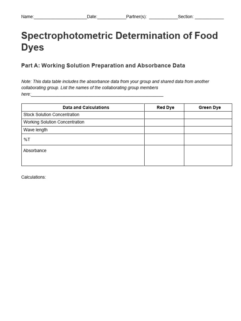 (Experiment 2 - Spectrophotometric Determination of Food Dyes) - Data ...