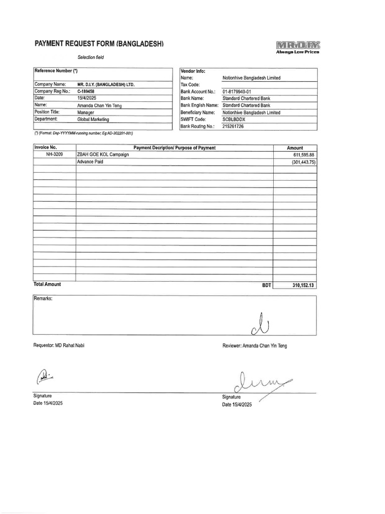 (ZBAH GOE KOLs) Payment Request Form - NH-3209 | PDF