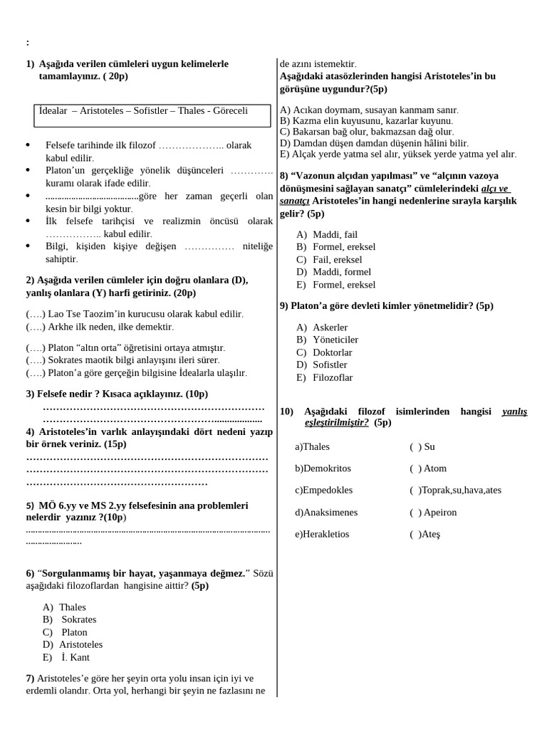 Felsefe 11. Sınıf Etkinlik4 | PDF