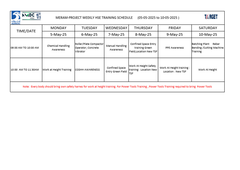HSE Training Schedule 5-05-2025 to 10-05-2025 | PDF