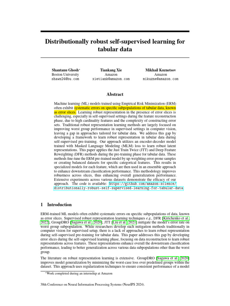 Distributionally Robust Selfsupervised Learning For Tabular Data | PDF | Sampling (Statistics ...