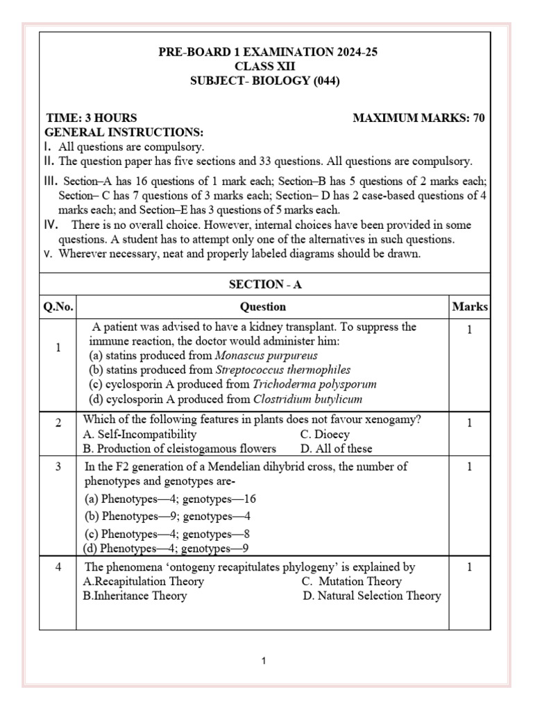 QP - Set A - Biology - CL - Xii - Teena - Preboard - 2024-25 | PDF | Zygosity | Dominance (Genetics)