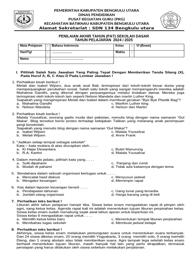 MASTER PAT BAHASA INDO KELAS 6 2025 Bu Reni, Yengki, Juwita, Dewi Dan Bu Siti Samsiah | PDF