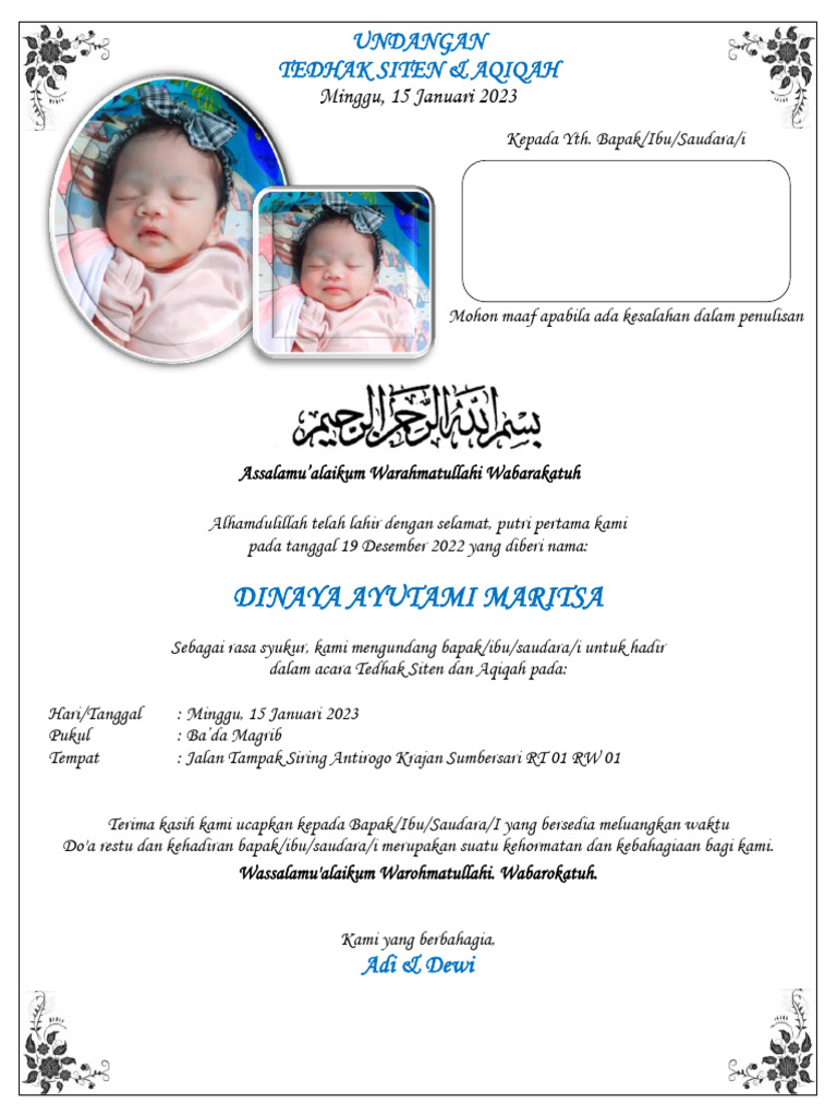 Undangan Tedhak Siten dan Aqiqah Dinaya | PDF