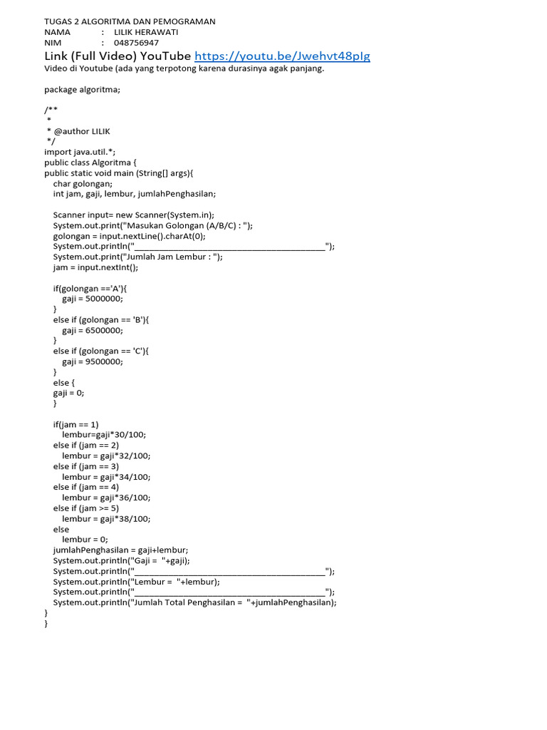 Tugas 2 Algoritma Dan Pemograman - Lilik - Herawati - 048756947 | PDF