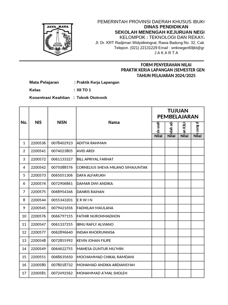 Format Nilai PKL Genap TA 2024-2025 Kelas XII TO 1 (Yasner MS) | PDF
