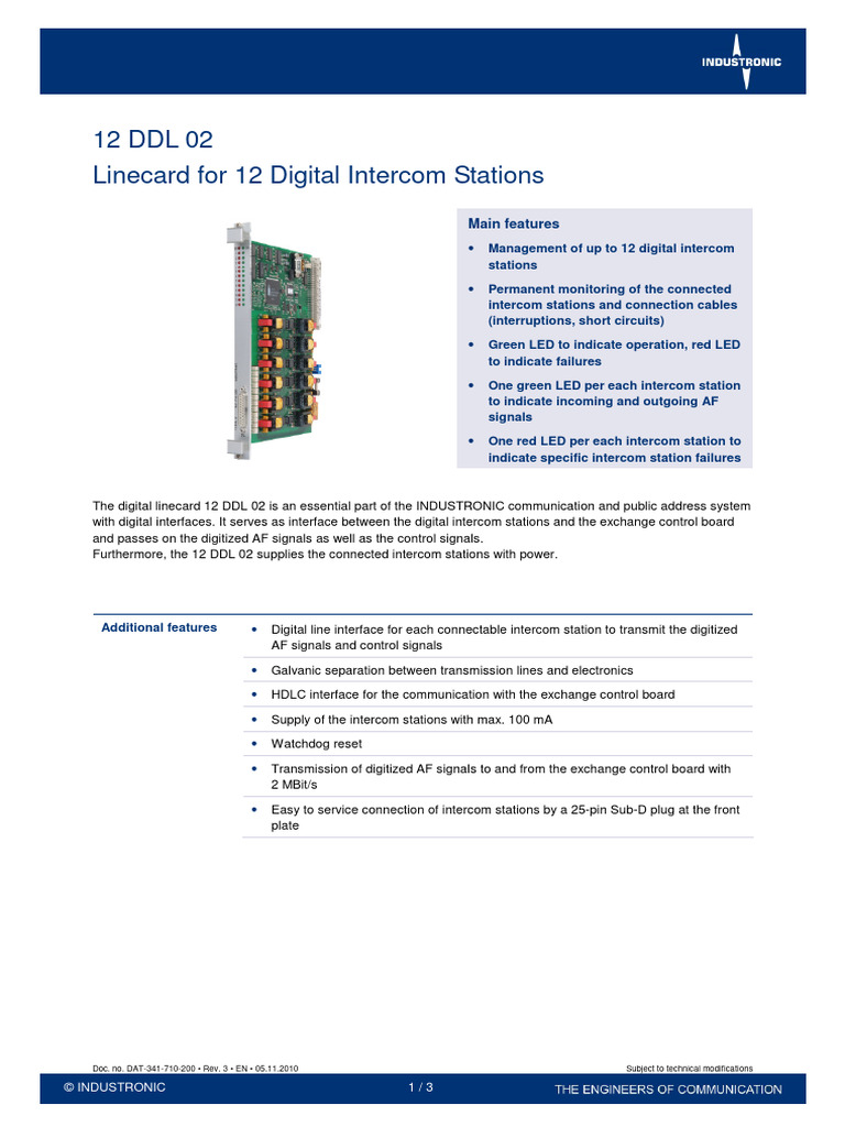 12 DDL 02 Linecard For 12 Digital Intercom Stations - Industronic | PDF ...