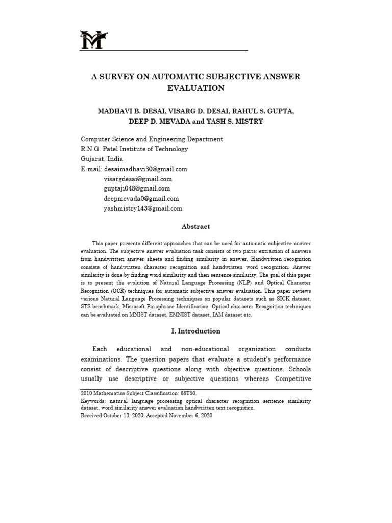 A Survey On Automatic Subjective Answer | PDF | Optical Character ...