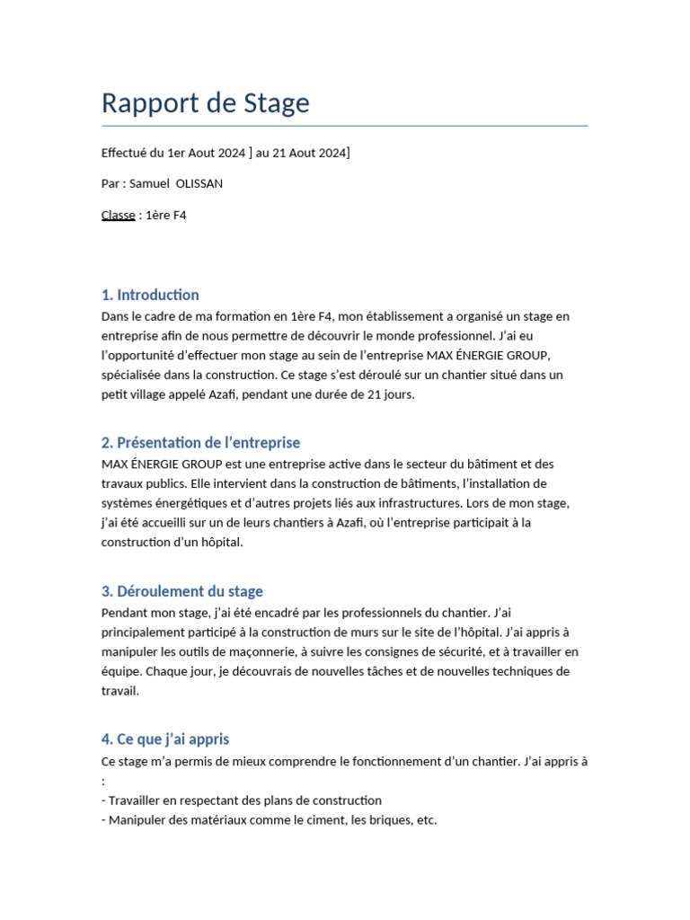 Rapport de stage en construction à Azafi | PDF