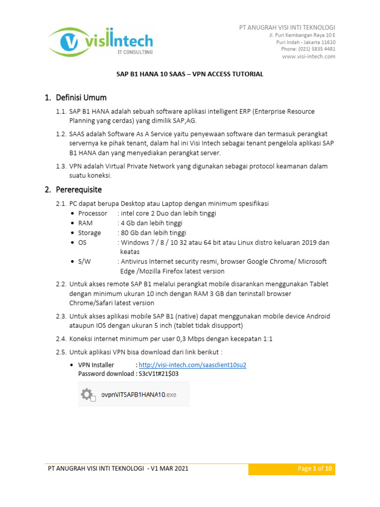 1.tutorial Visi Intech SAP B1H 10 VPN Access V1 SU2 OCT2021 (NEW) | PDF