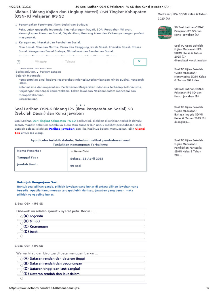 50 Soal Latihan OSN-K Pelajaran IPS SD Dan Kunci Jawaban (A) - Defantri - Com-2-10 | PDF