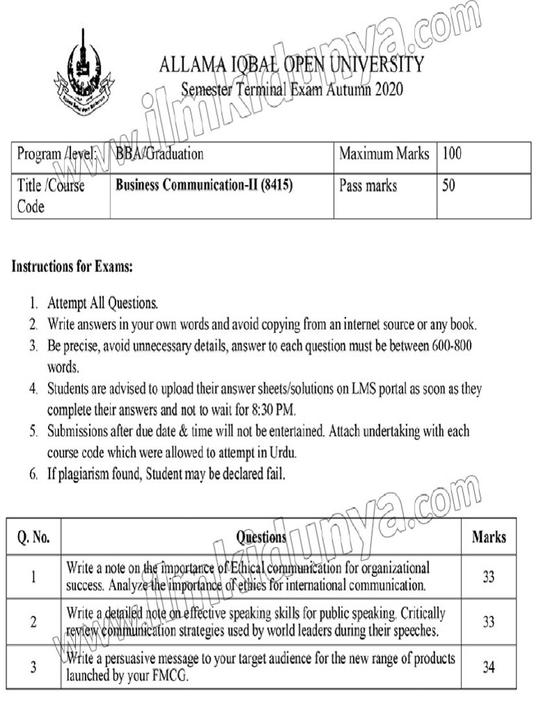AIOU BS Business Communication II 2020 Autumn | PDF