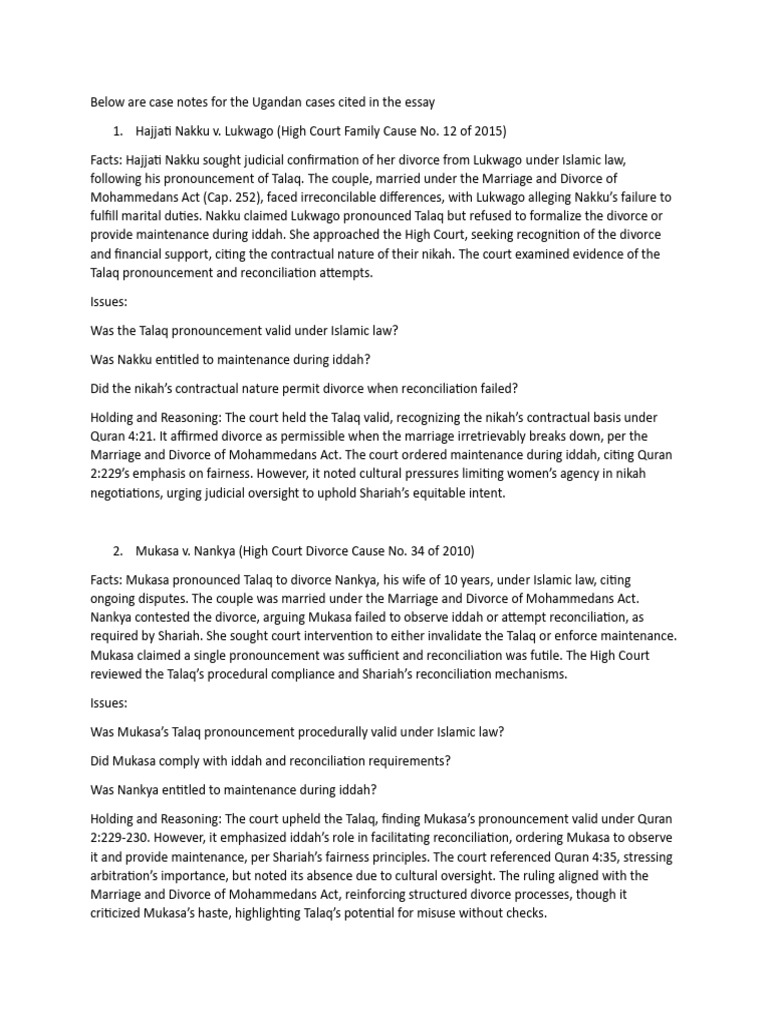 Case Notes For The Ugandan Cases (Fictional | PDF | Sharia | Divorce