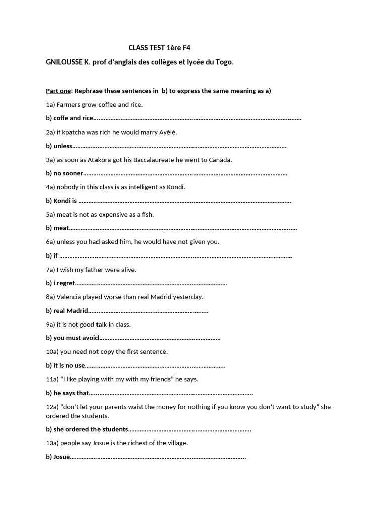 CLASS TEST 1ère F4 - 050614 | PDF