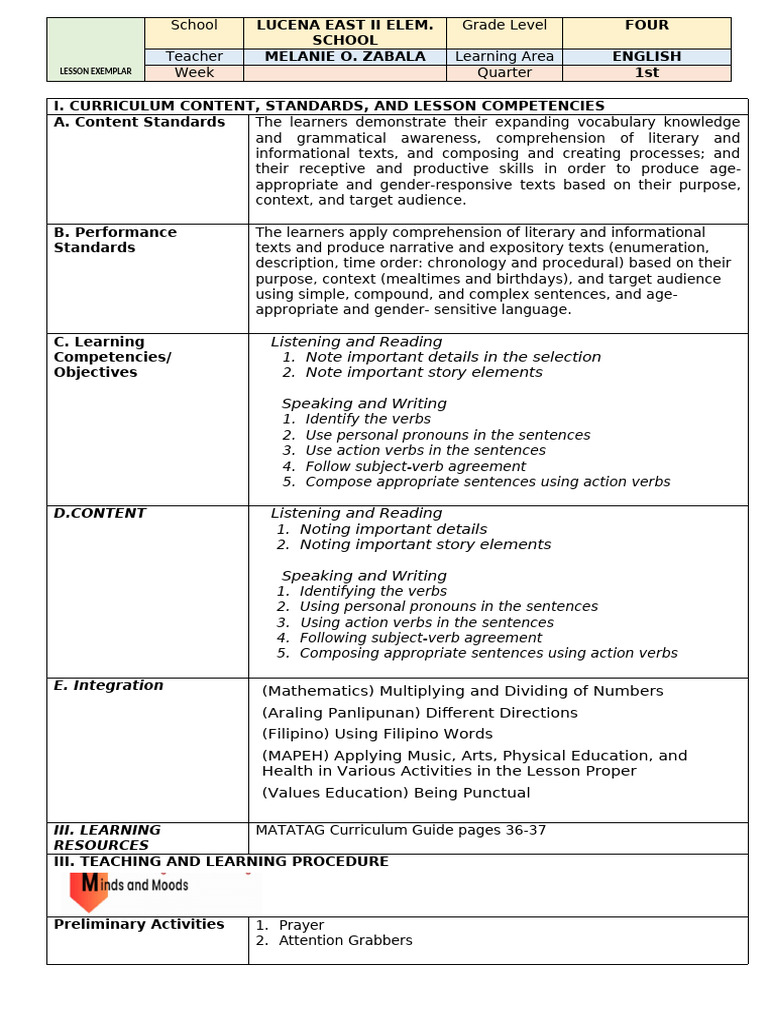 Grade 4 English Lesson Plan on Verbs | PDF | Reading Comprehension ...
