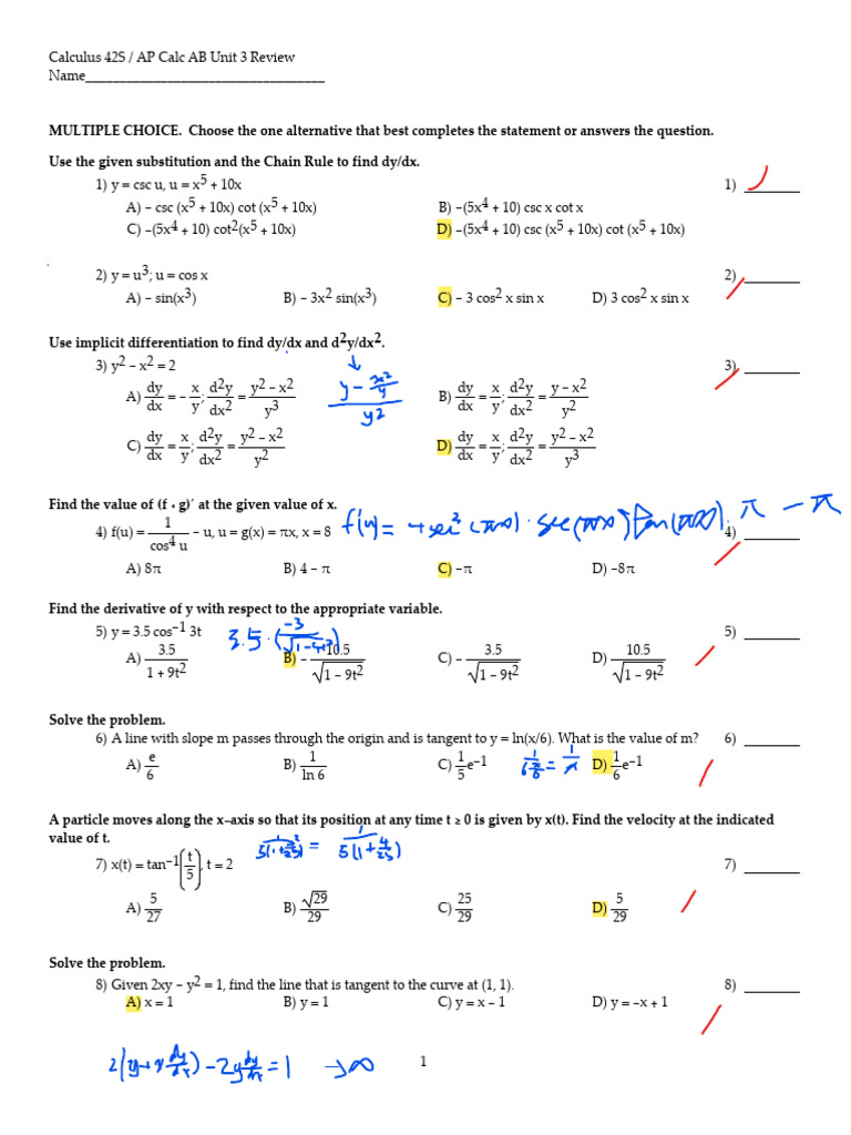 AP Calculus AB Unit 3 Review Guide | PDF | Derivative | Tangent