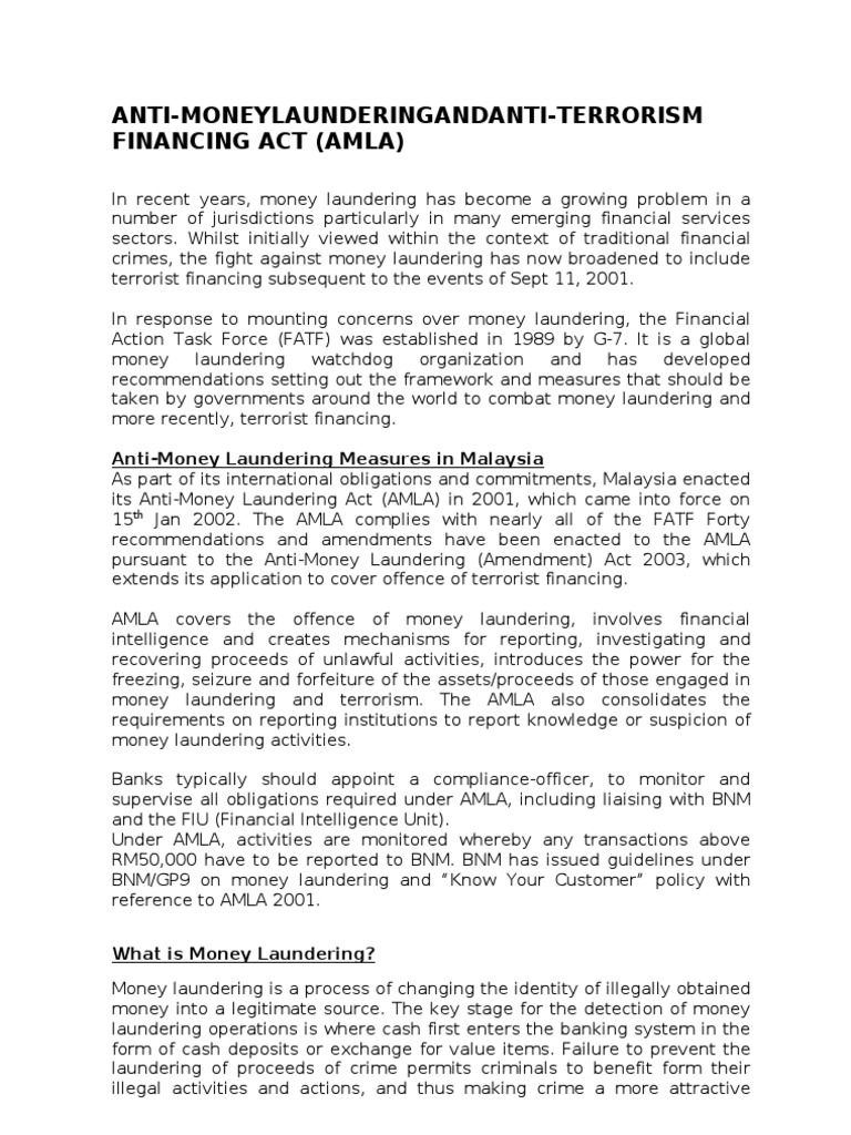 AMLA 2001: Malaysia's Anti-Money Laundering Framework | PDF | Money ...