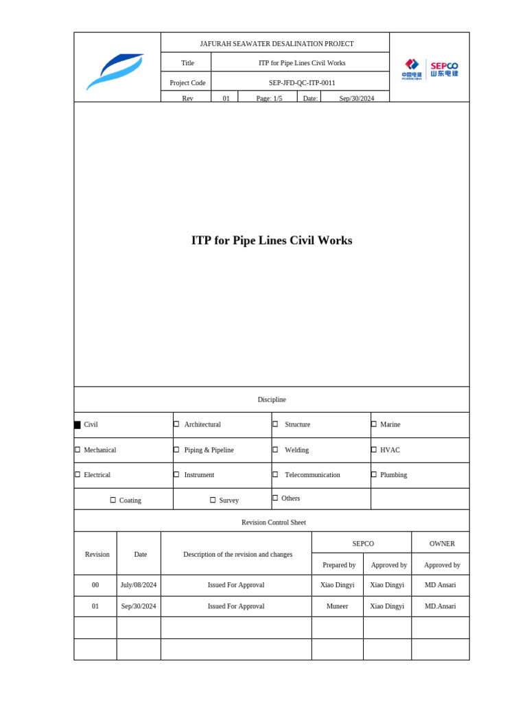 ITP For Pipe Lines Civil Works | PDF | Specification (Technical Standard) | Pipe (Fluid Conveyance)