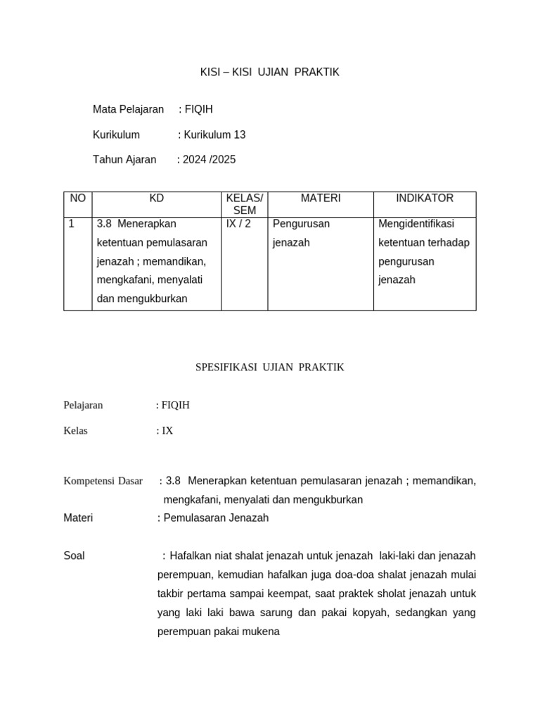 Kisi-kisi Ujian Praktek Fiqih 2025 | PDF