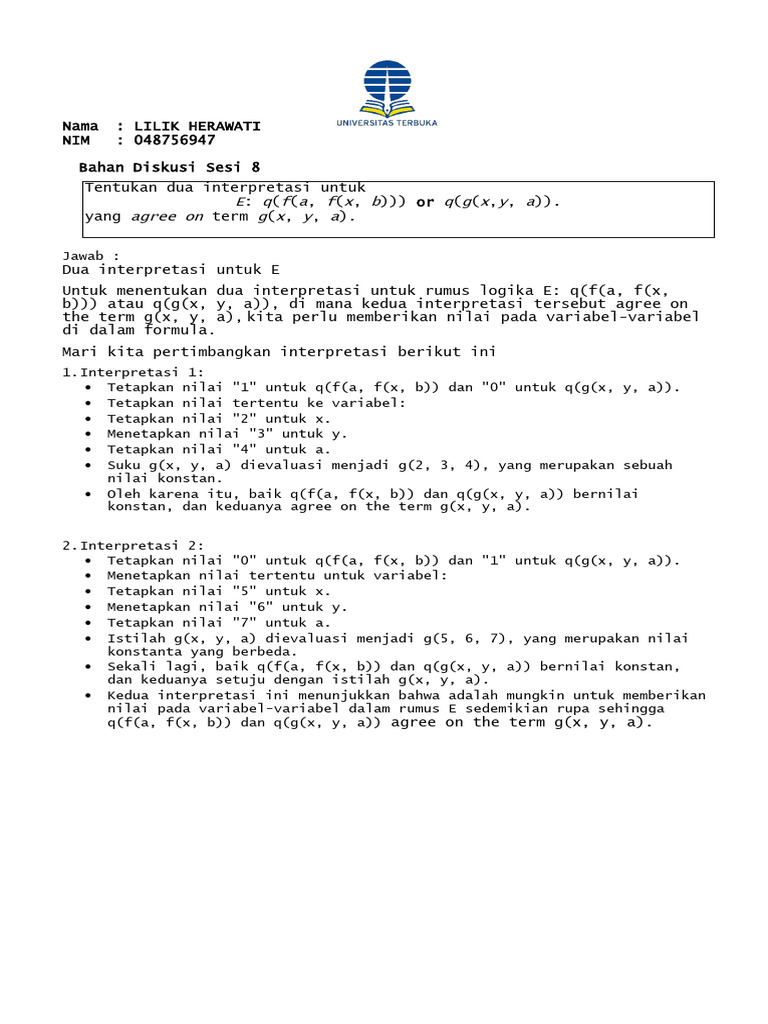 Diskusi 8 Logika Informatika Lilik Herawati 048756947 | PDF