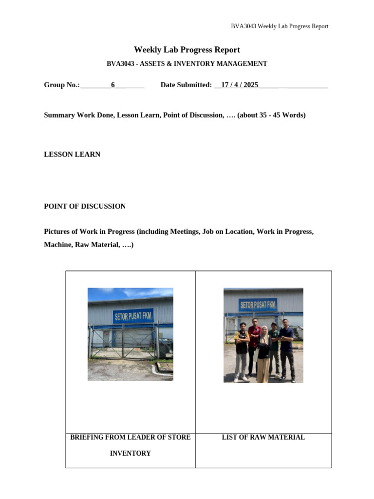 Grp6 W01 BVA3043 Weekly Progress Report | PDF