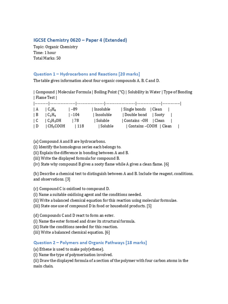 IGCSE Chemistry 0620 Organic Chemistry Paper4 | PDF | Polymerization | Chemical Compounds